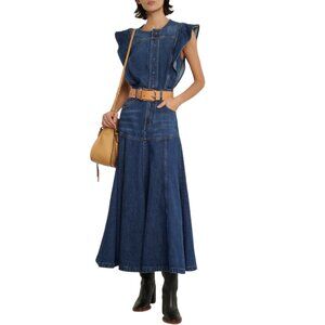 Chloe | Dresses | Chloe Denim Flared Basque Capsleeve Midi Dress Size ...